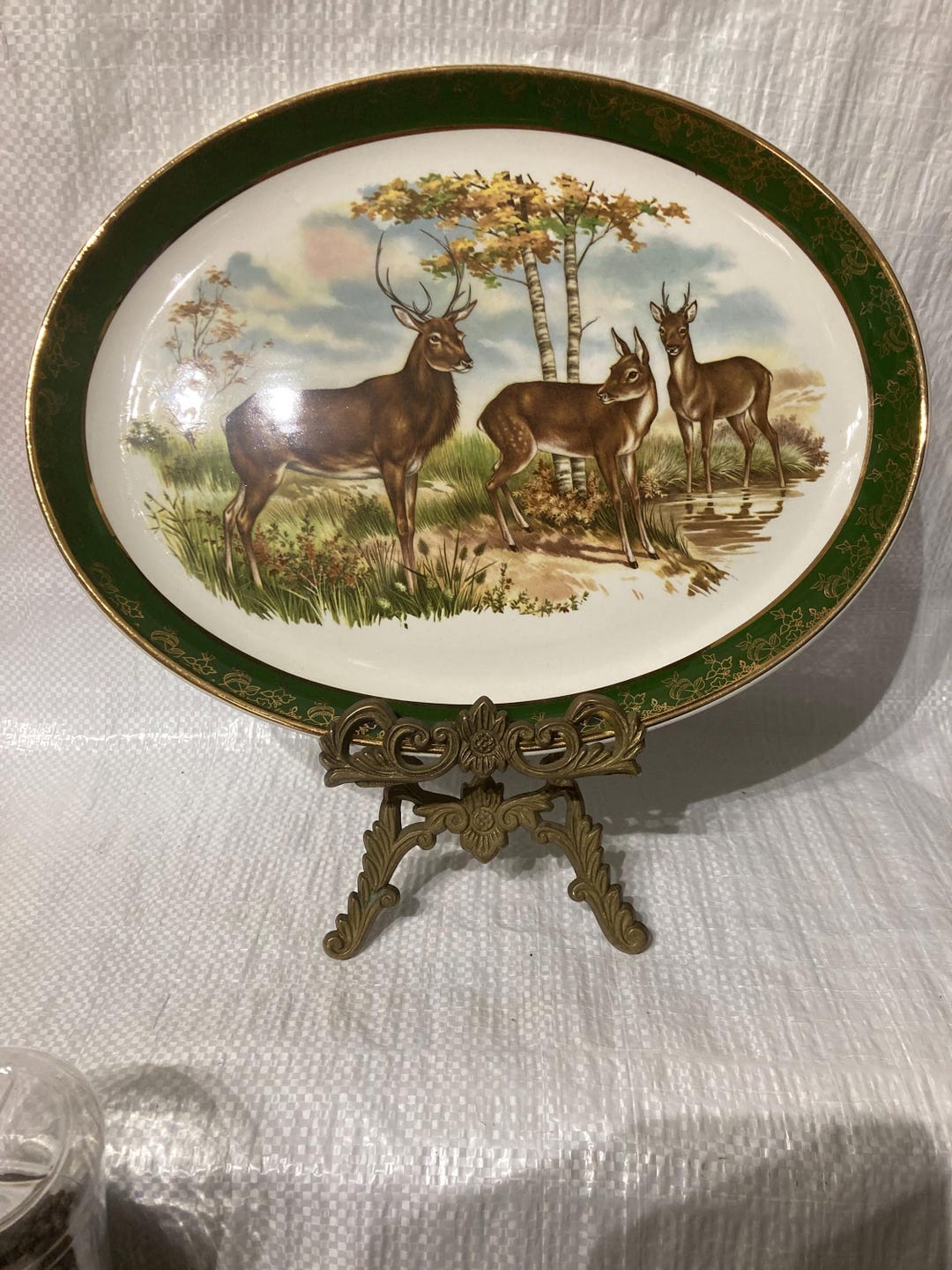 Exquisite Deer Stag Scene Oval Platter, Green Gilded Banding ...