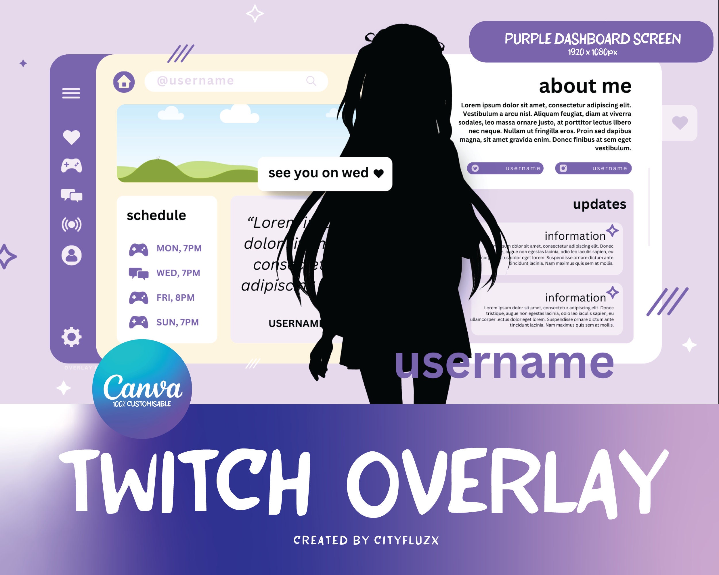Twitch Overlay Animated Dashboard Screen | Purple Vtuber Stream Asset | 100% Customisable CANVA ...