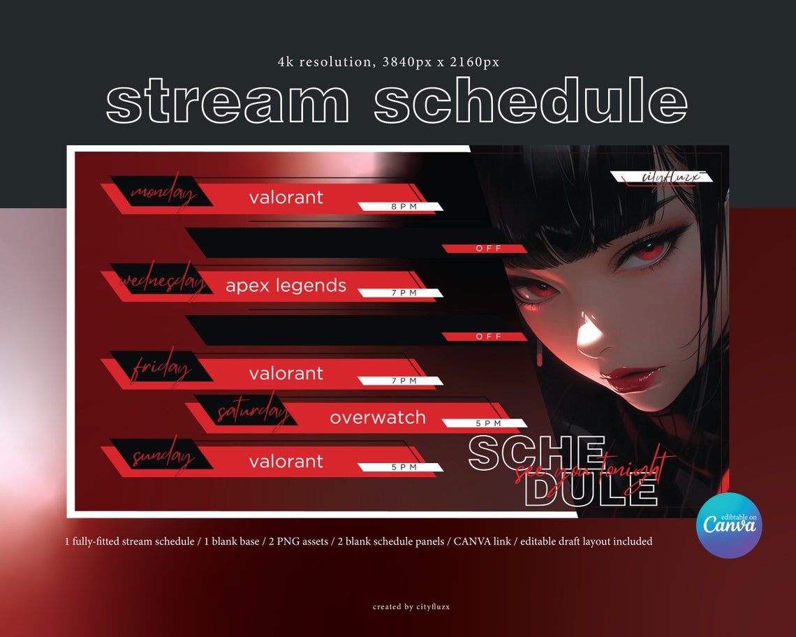 Red Black Stream Schedule | Customisable DIY Overlay Canva HD 4k ...