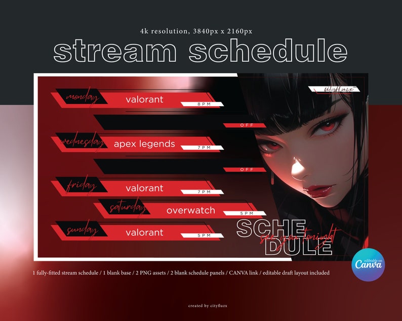 Red Black Stream Schedule | Customisable DIY Overlay Canva HD 4k ...