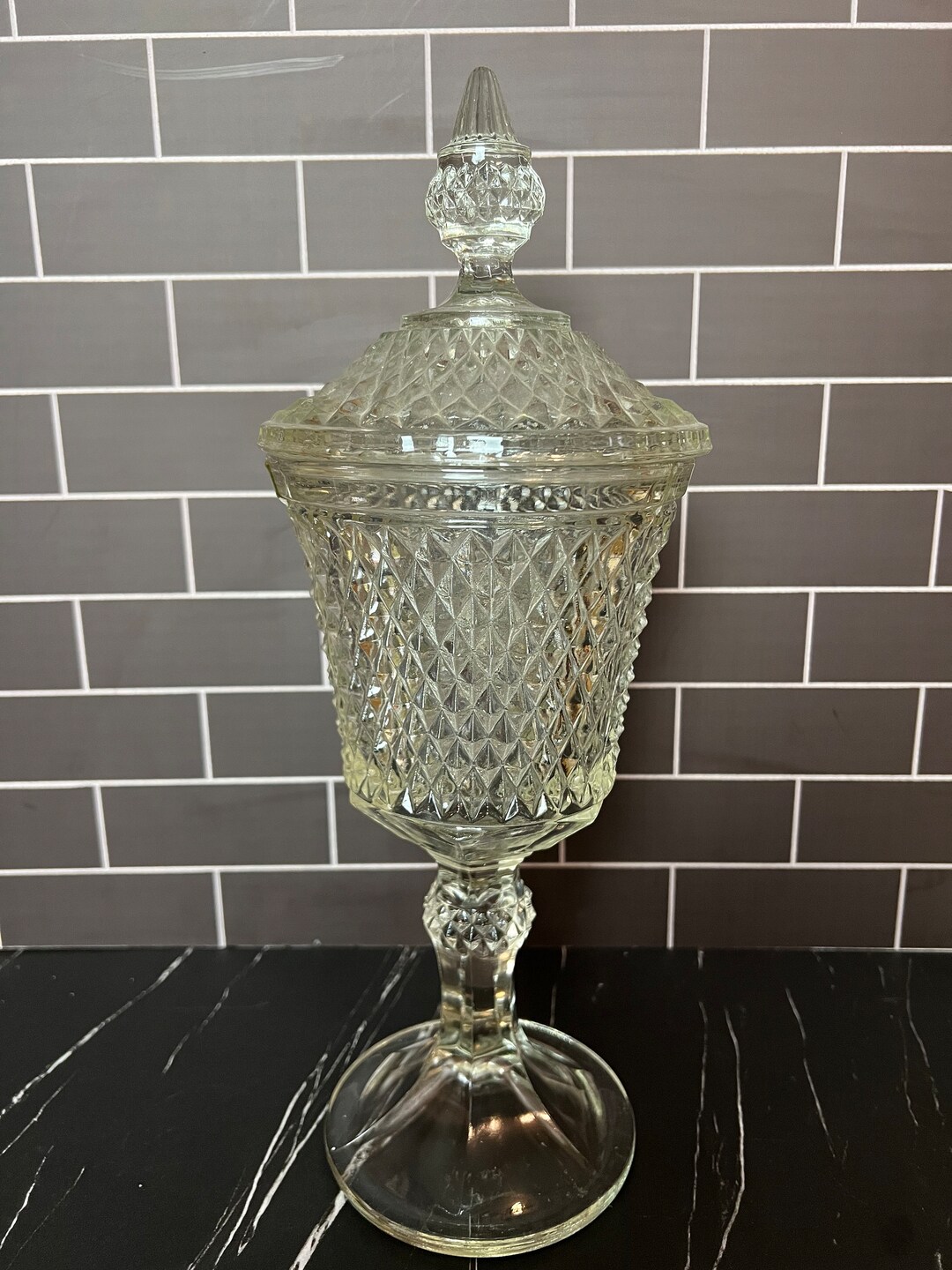Large 16 '' Indiana Glass Diamond Point Clear Pedestal - Etsy