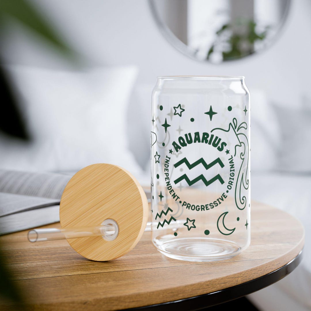 Aquarius Zodiac Glass Cup 16oz Sipper Bamboo Lid & Straw Option ...