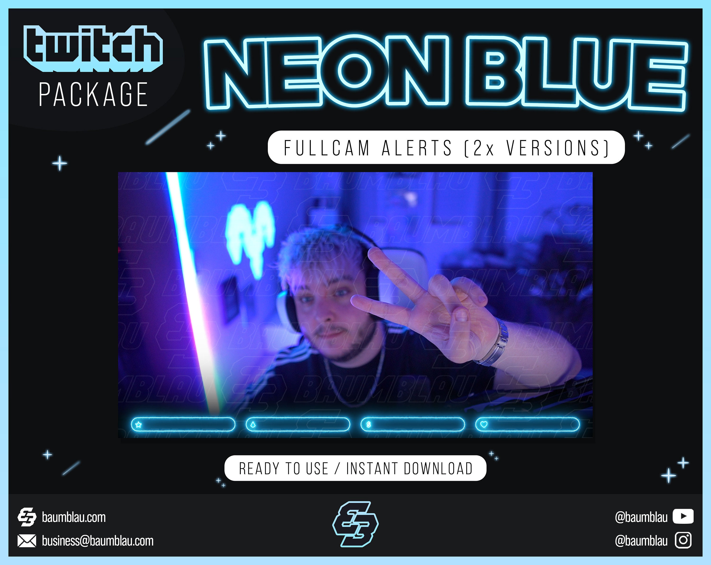 Neon Blue Animated Stream Overlay Package: Twitch Scenes, Alerts ...