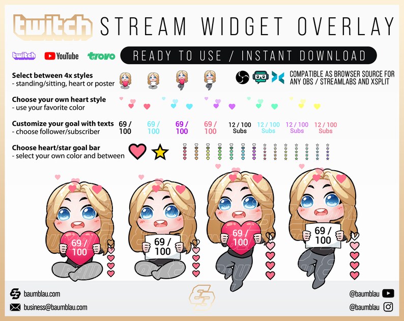 Girl Widget Goal Overlay obs/streamlabs Cute Chibi Girl Widget Stream ...