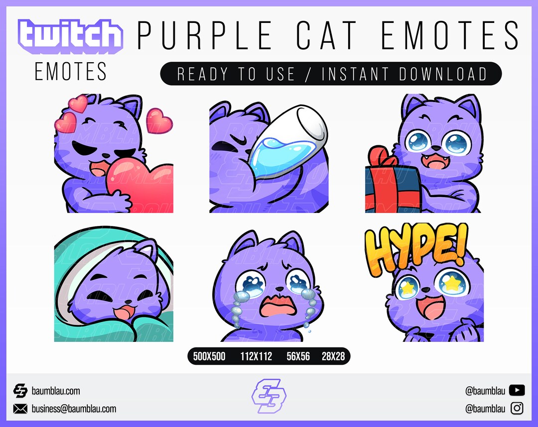 CAT Twitch Emotes Pack [purple Cat] 6 X Twitch Cat Sub Emote Pack ...