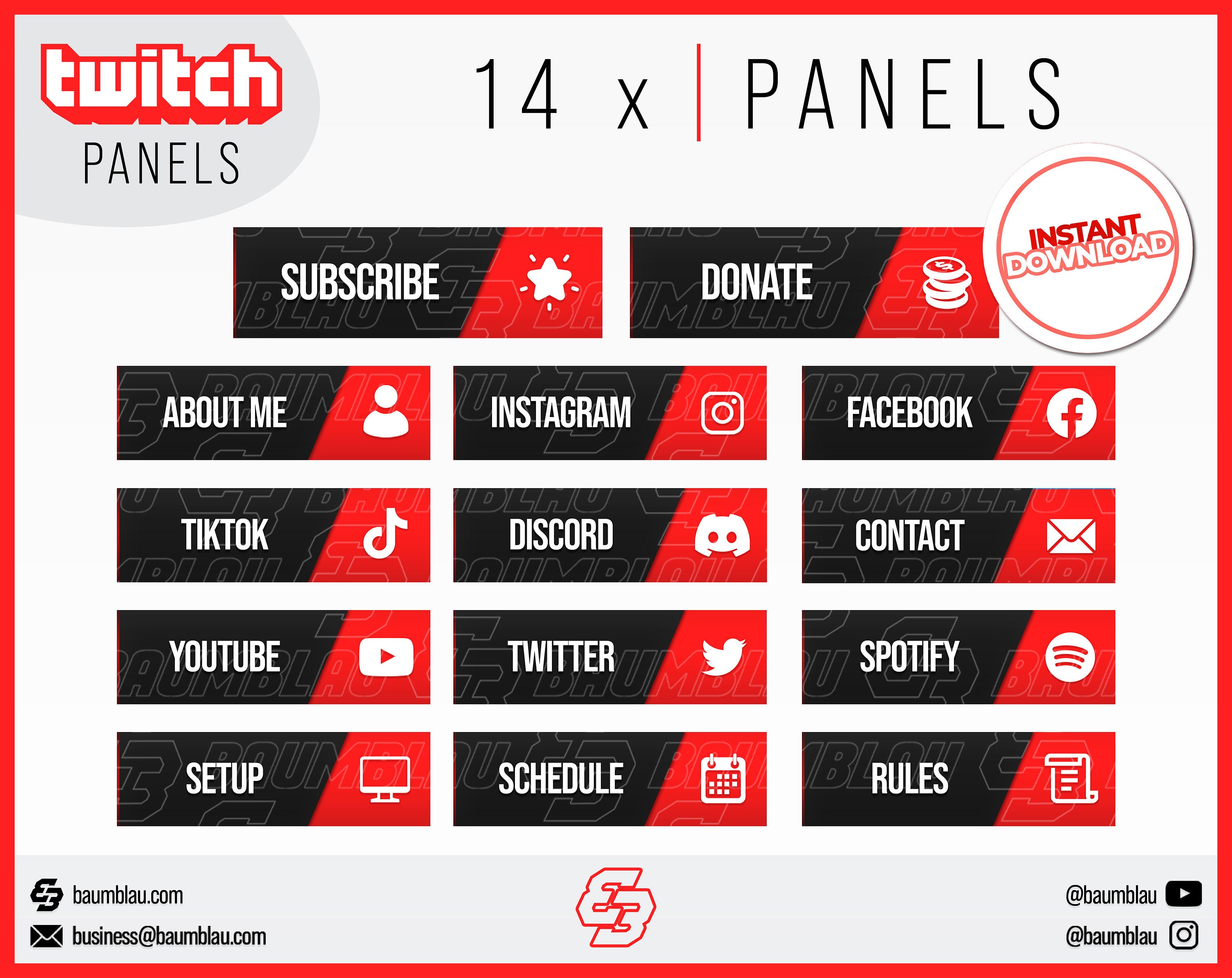 Red Twitch Panels Pack: Clean Bar Streamer Overlay (instant Download ...