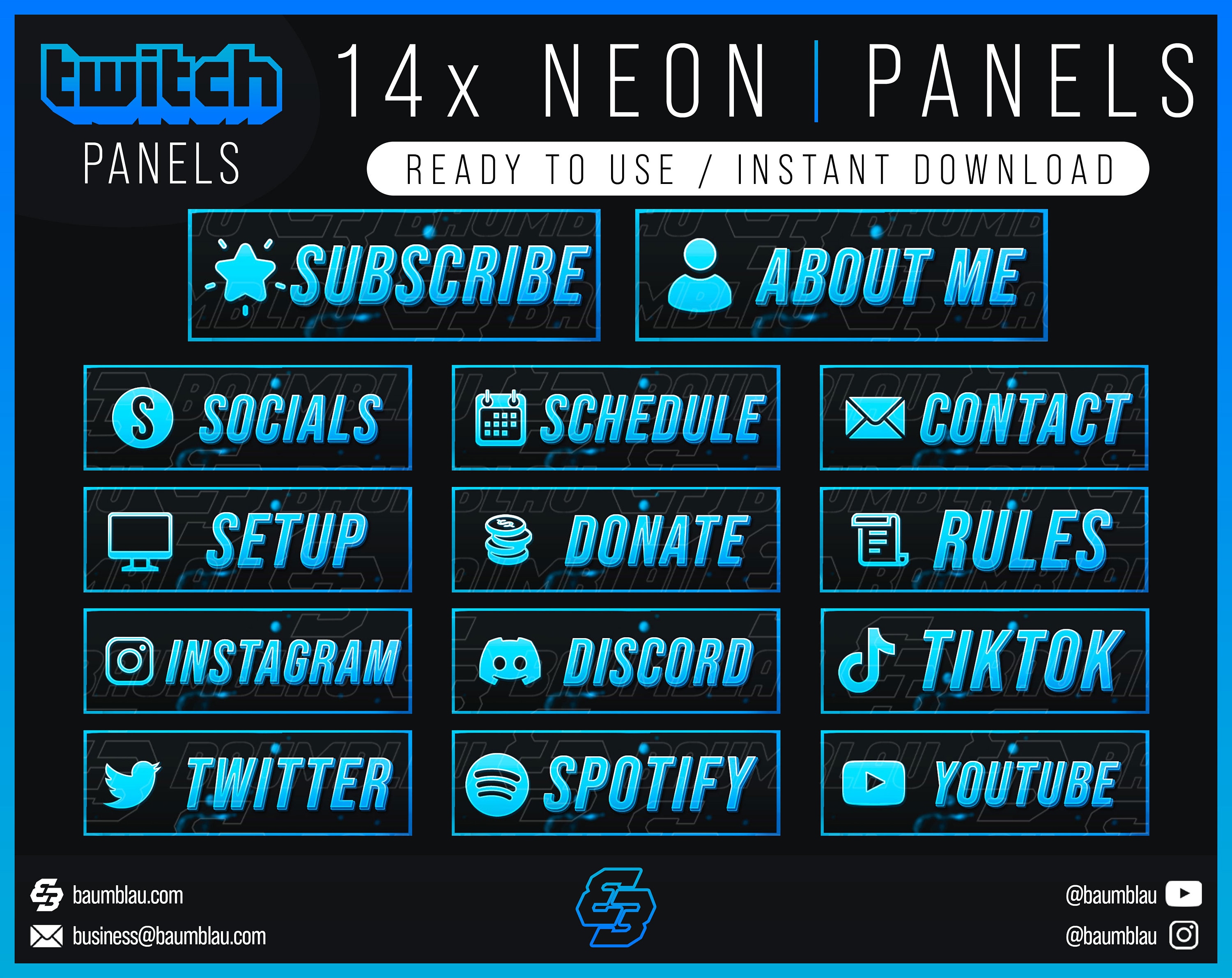 Twitch Panels 14x Pack Blue NEON Panels Clean Glow Panels Instant ...