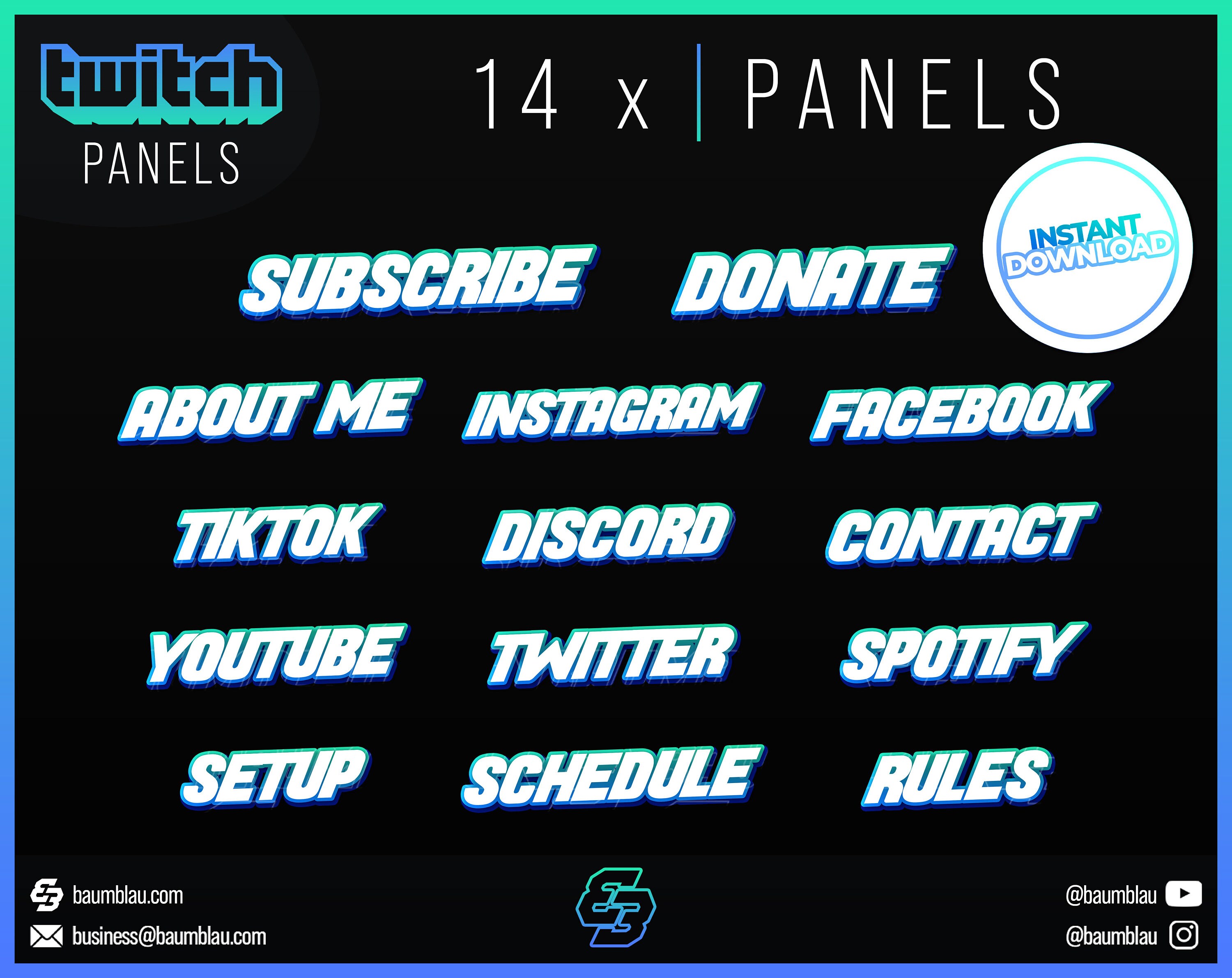 14x Twitch Panels Pack Clean Mint Blue Panels Clean Bar Streamer Panel ...