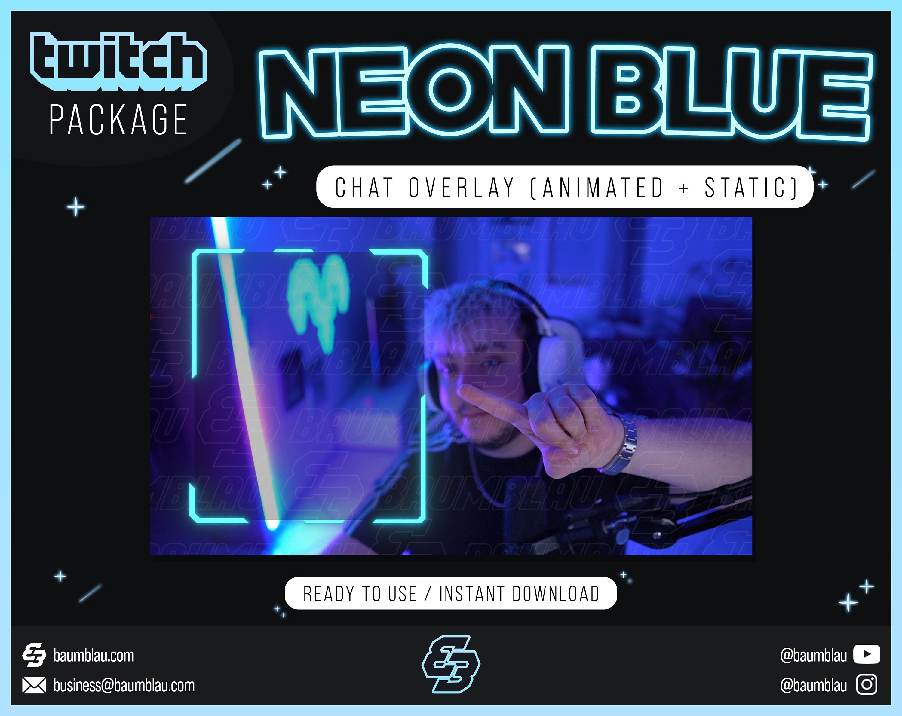 Neon Blue Animated Stream Overlay Package: Twitch Scenes, Alerts ...