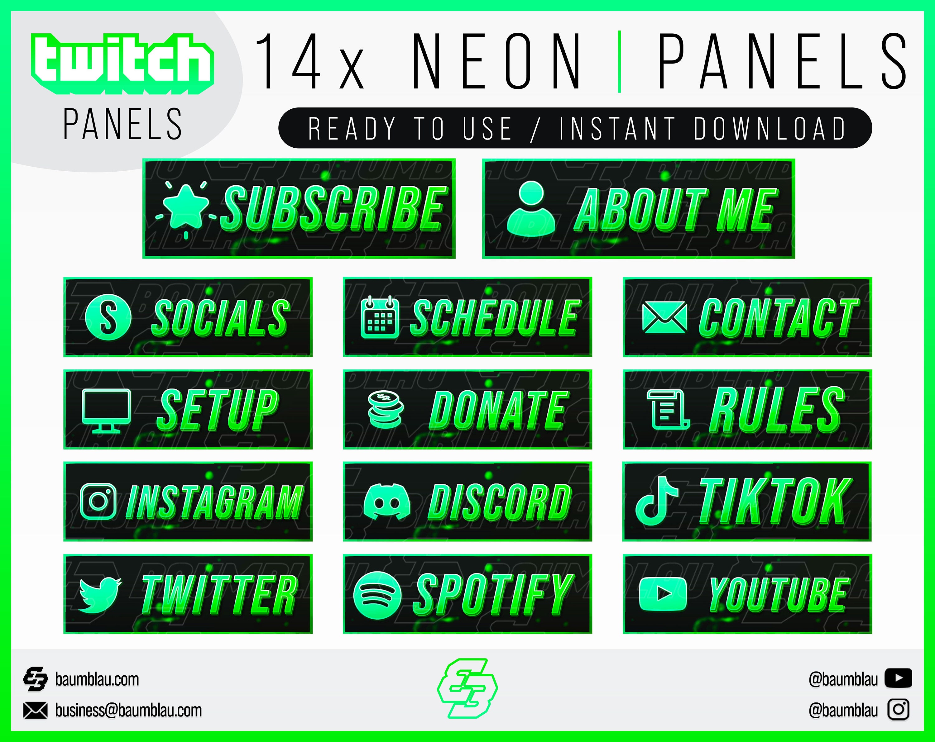 Twitch Panels 14x Pack - Green NEON Panels | Clean Glow Panels ...