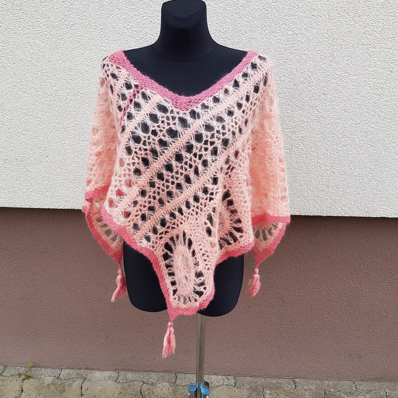 A Stylish Pink Poncho for A Women, Crocheted on the Netting Fork, Pink ...