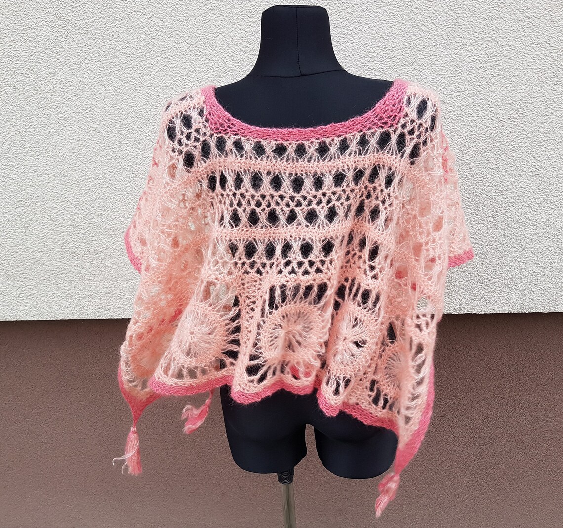 A Stylish Pink Poncho for A Women Crocheted on the Netting - Etsy