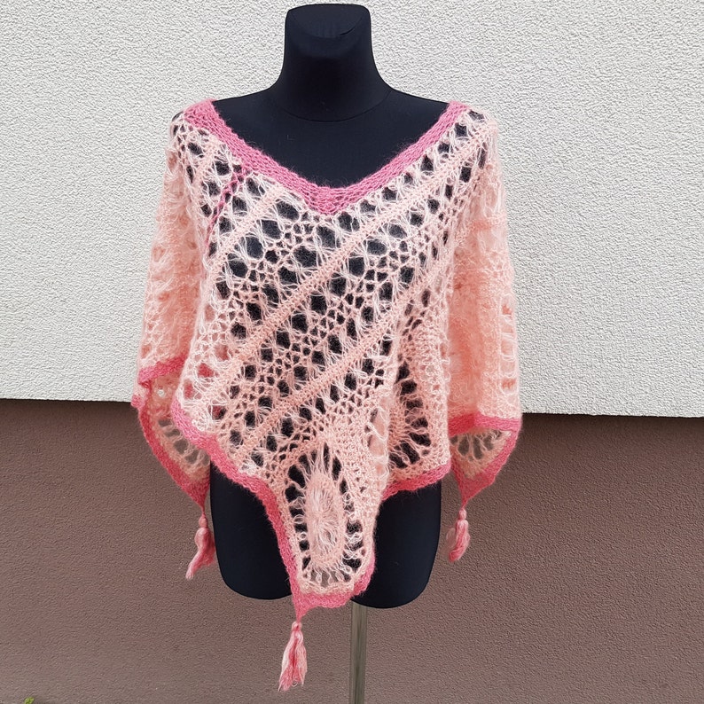 A Stylish Pink Poncho for A Women, Crocheted on the Netting Fork, Pink ...