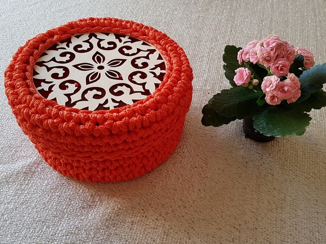 Box, Orange Box, Tangerine Box, Salmon Round Box With Lid, Crocheted ...