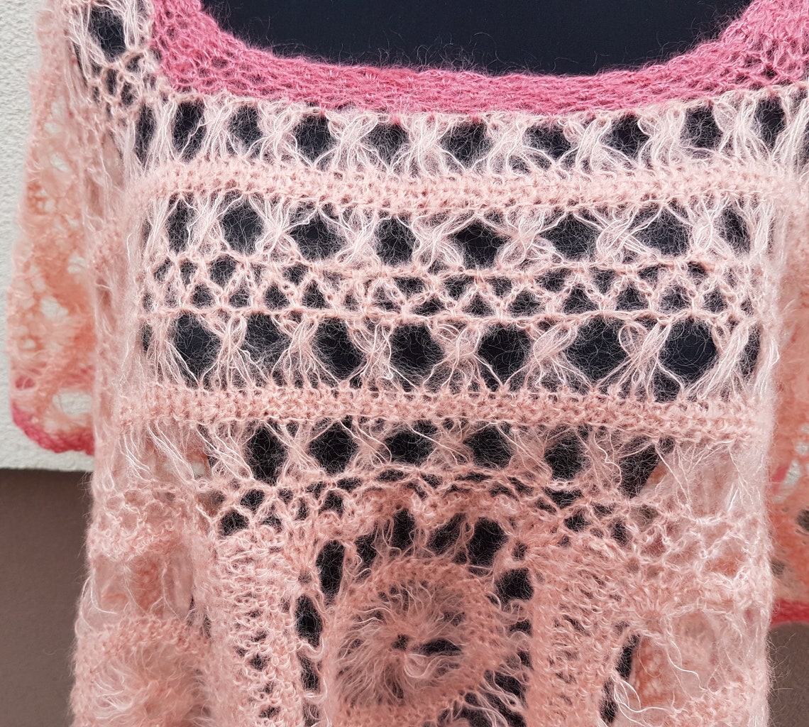 A Stylish Pink Poncho for A Women Crocheted on the Netting - Etsy
