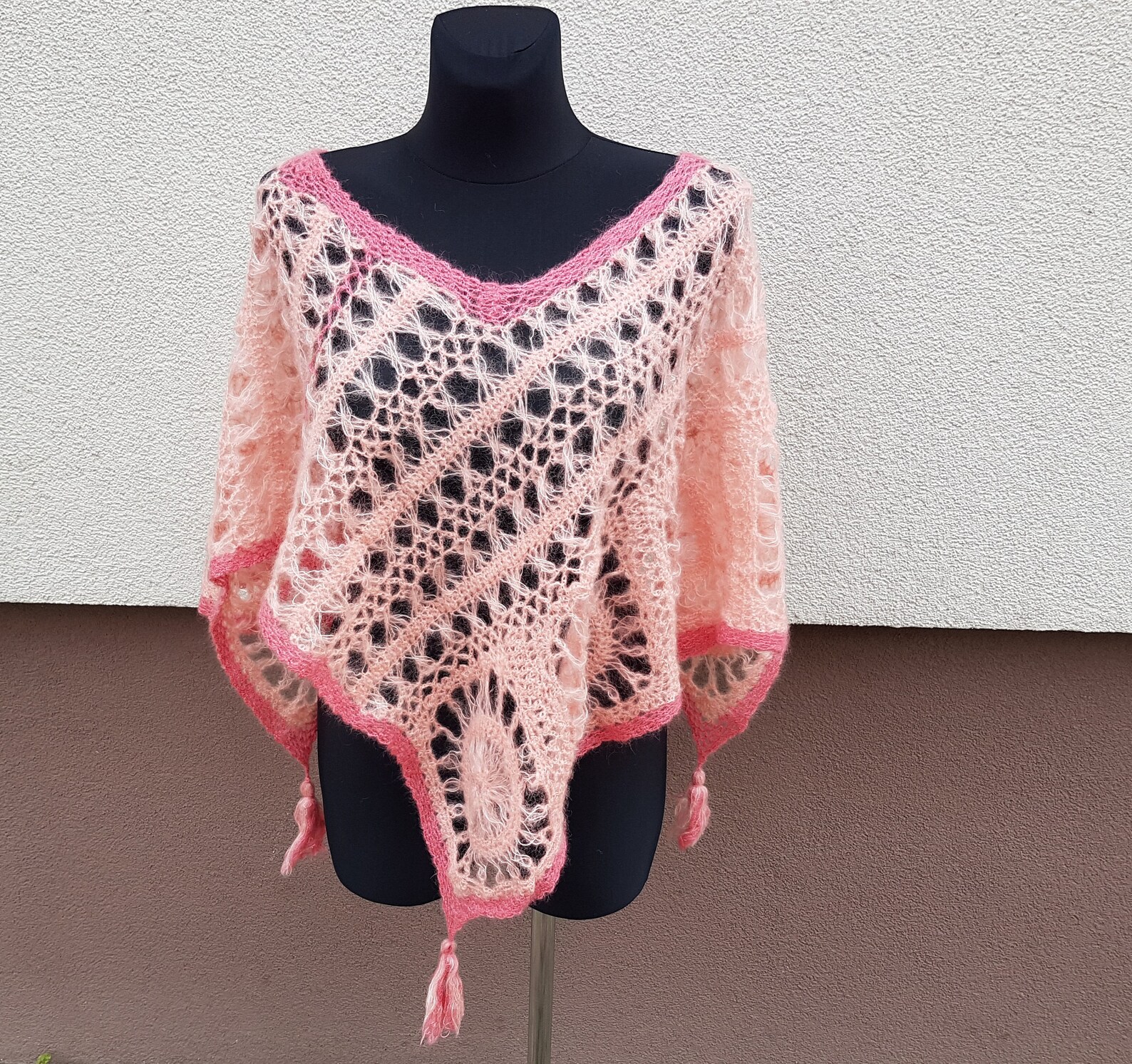 A Stylish Pink Poncho for A Women Crocheted on the Netting - Etsy