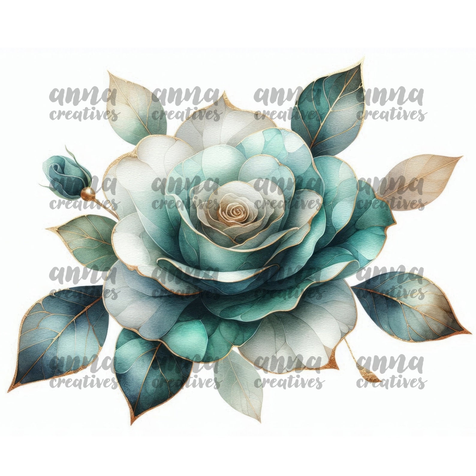 12 Teal Roses Clipart, Floral Clipart, Roses Watercolor Clipart, Roses ...