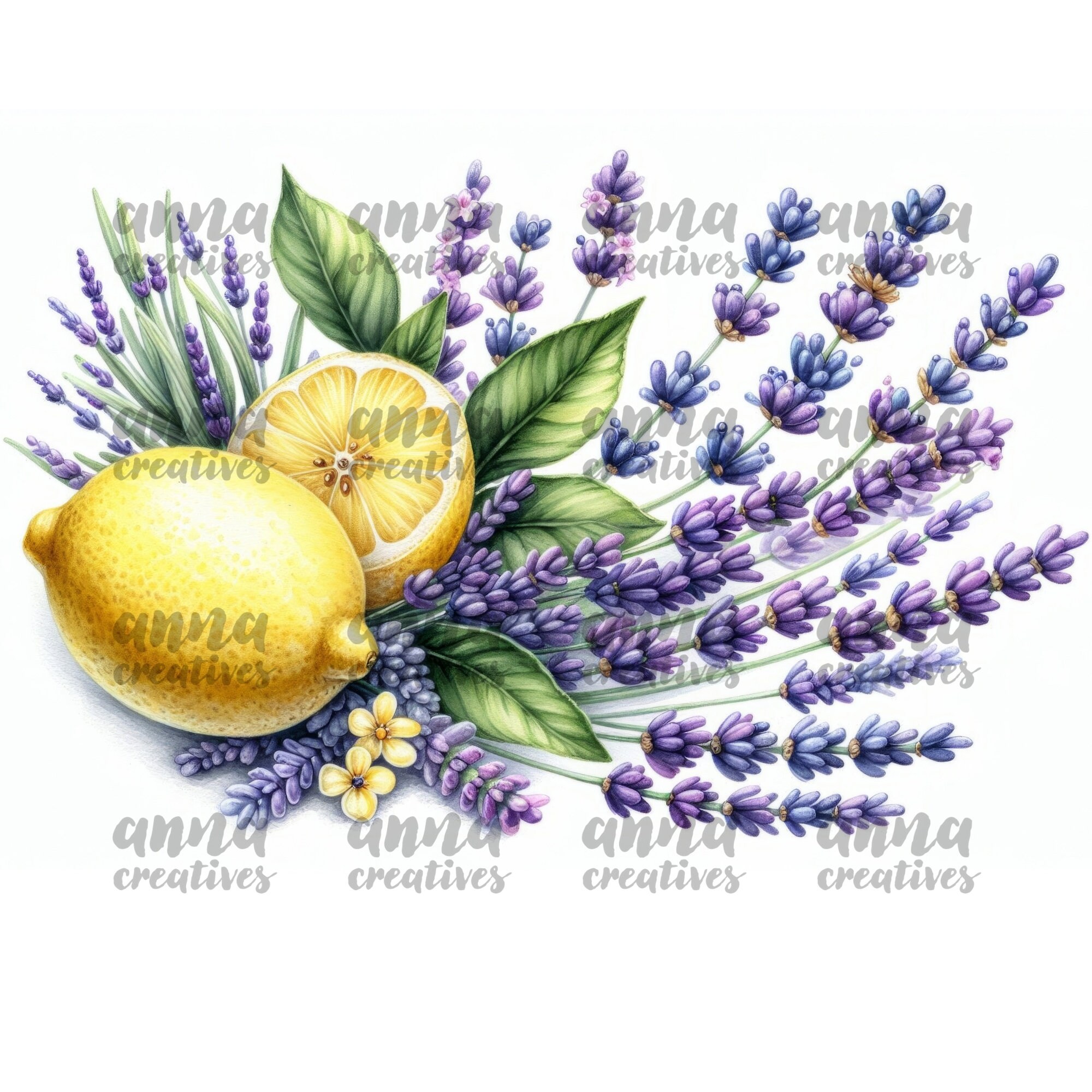12 Lemon and Levander Clipart, Floral Clipart, Lemon Watercolor Clipart ...