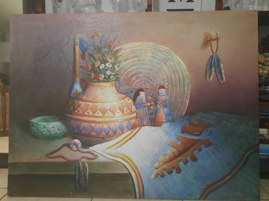 Vintage Painting Oil on Canvas Art Signed C Benolt Native American ...