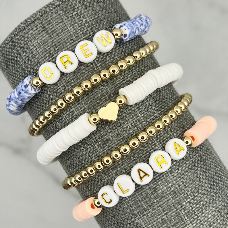 Personalized Heishi Clay Disc Bracelet | Custom Name, Gold Accents - Etsy