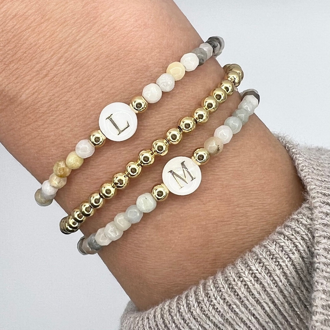 Initial Bracelet | Gemstone Bead Bracelet | Personalized Initial Bracelet | Dainty Initial ...
