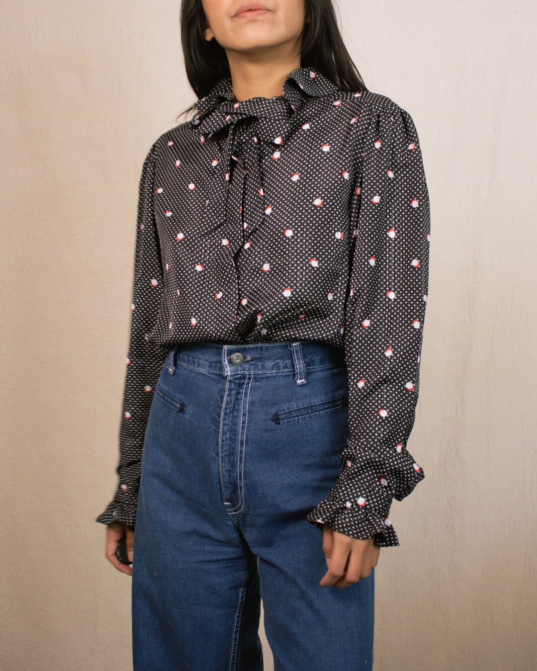 Vintage 70s Ruffle Polka Dot Secretary Blouse | Size Large | Evan ...