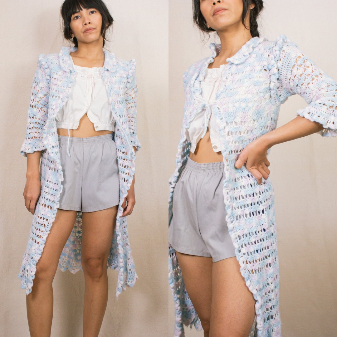 Vintage 70s Handknit Crochet Duster | Size XS | Ruffle Detail, Tie ...