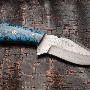 DAMASCUS CAMP KNIFE Turquoise Handle Handmade Skinner Bushcraft Tool ...