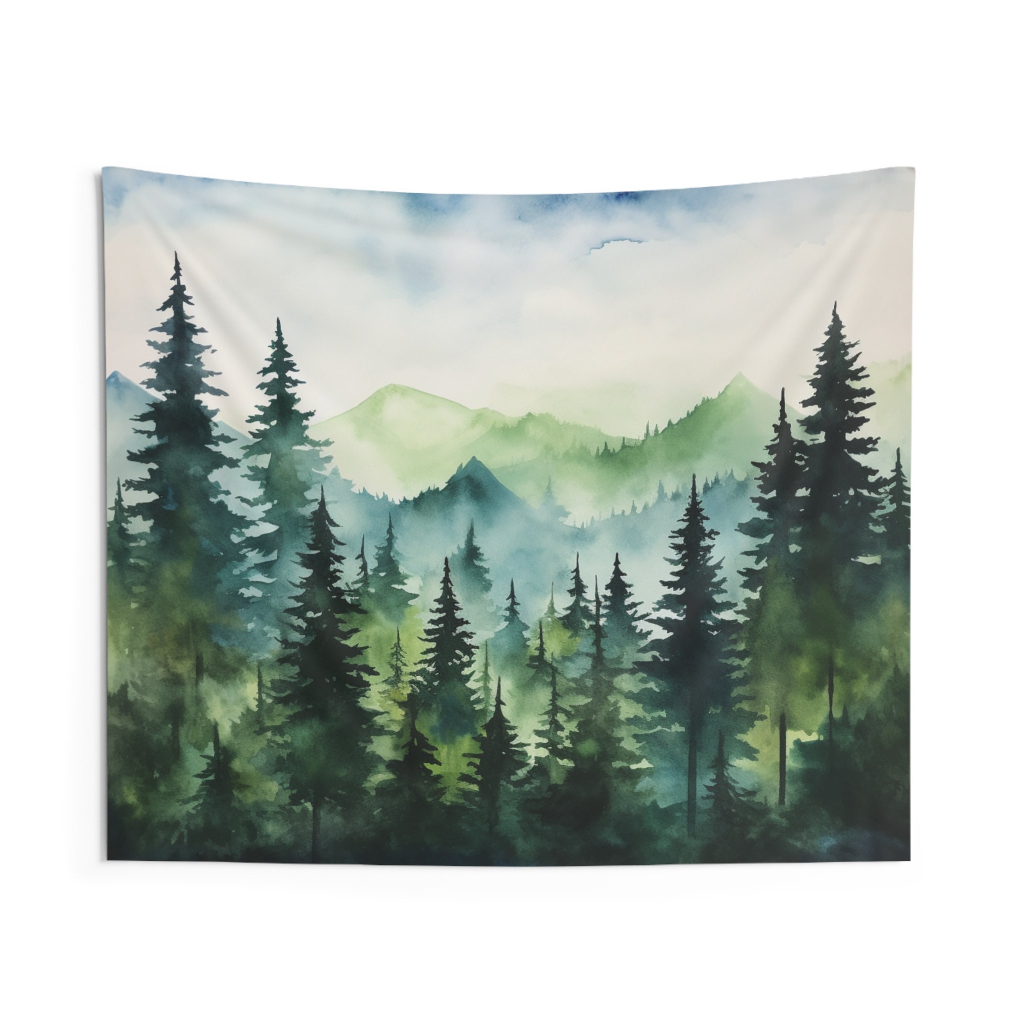 Watercolor Green Forest Tapestry, Fir Forest Landscape Wall Hanging ...
