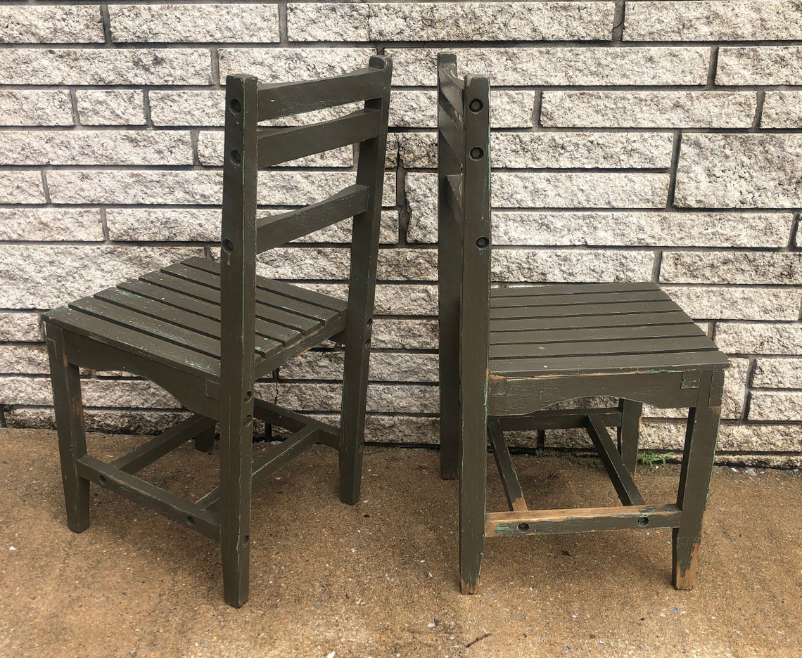 Set of 2 Vintage Slat Chairs Green Painted Chairs Pair Wood | Etsy
