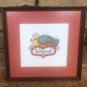 Vintage Needlepoint Welcome Art, Framed Cross Stitch Artwork, Partridge ...
