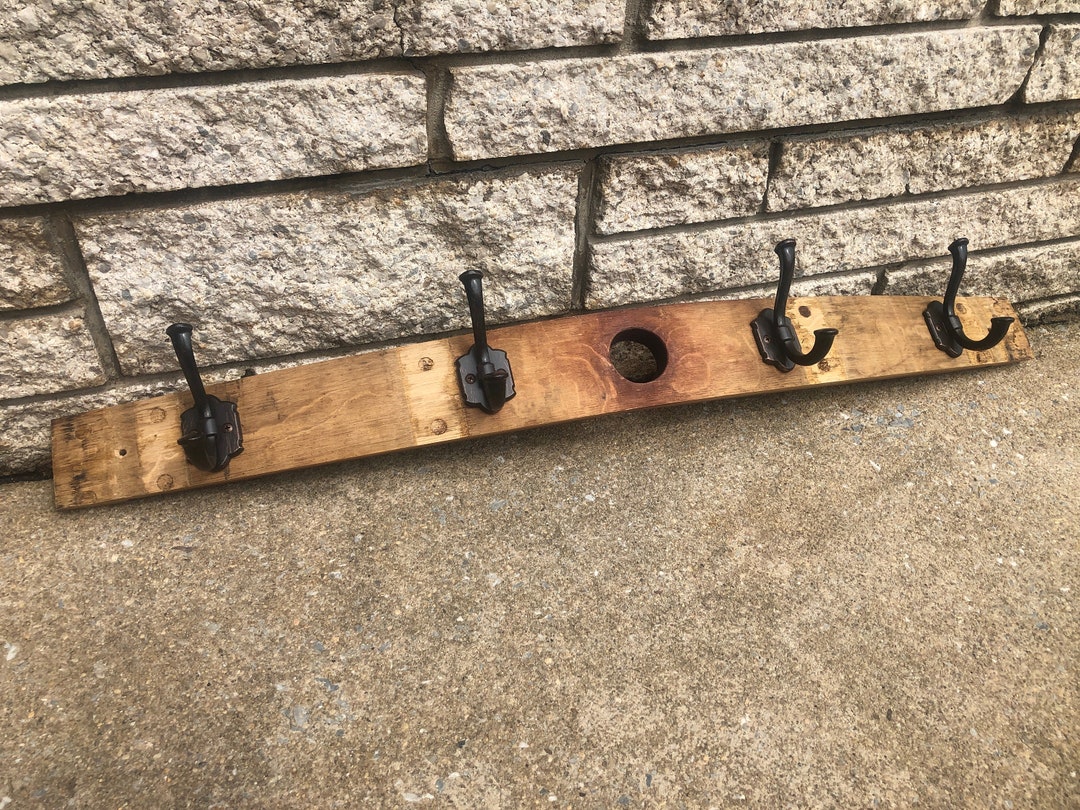 Rustic Oak Stave Entryway Rack, Wine Barrel Stave Coat Rack, Black ...
