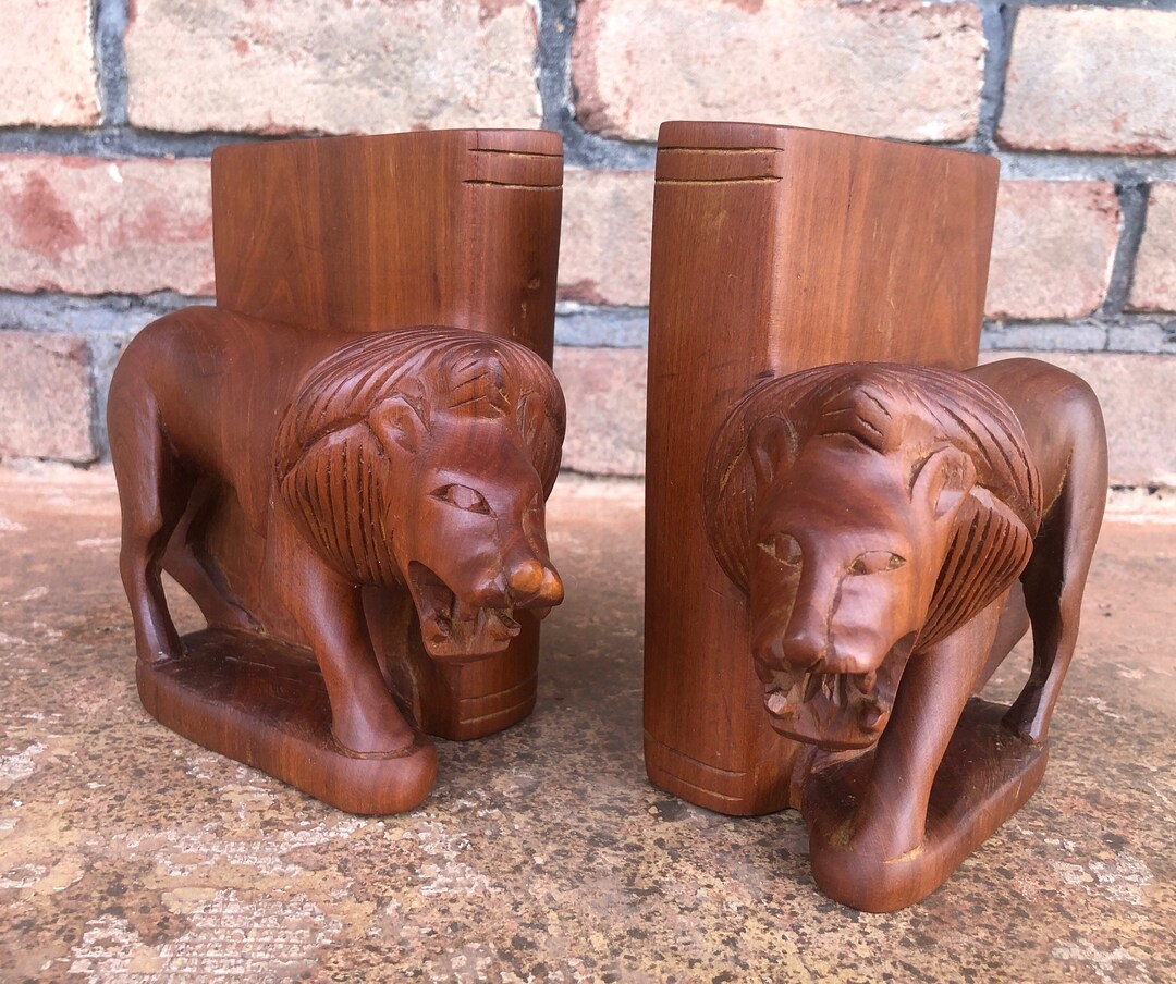 Wood Lion Bookends, Vintage Lion Book Ends, Lion Decor, Book Lover Gift ...