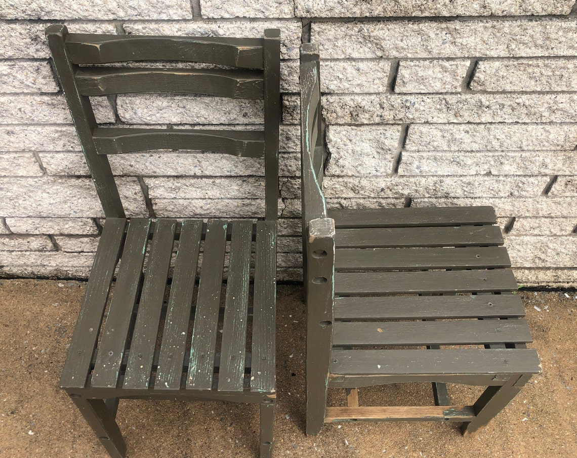 Set of 2 Vintage Slat Chairs Green Painted Chairs Pair Wood | Etsy