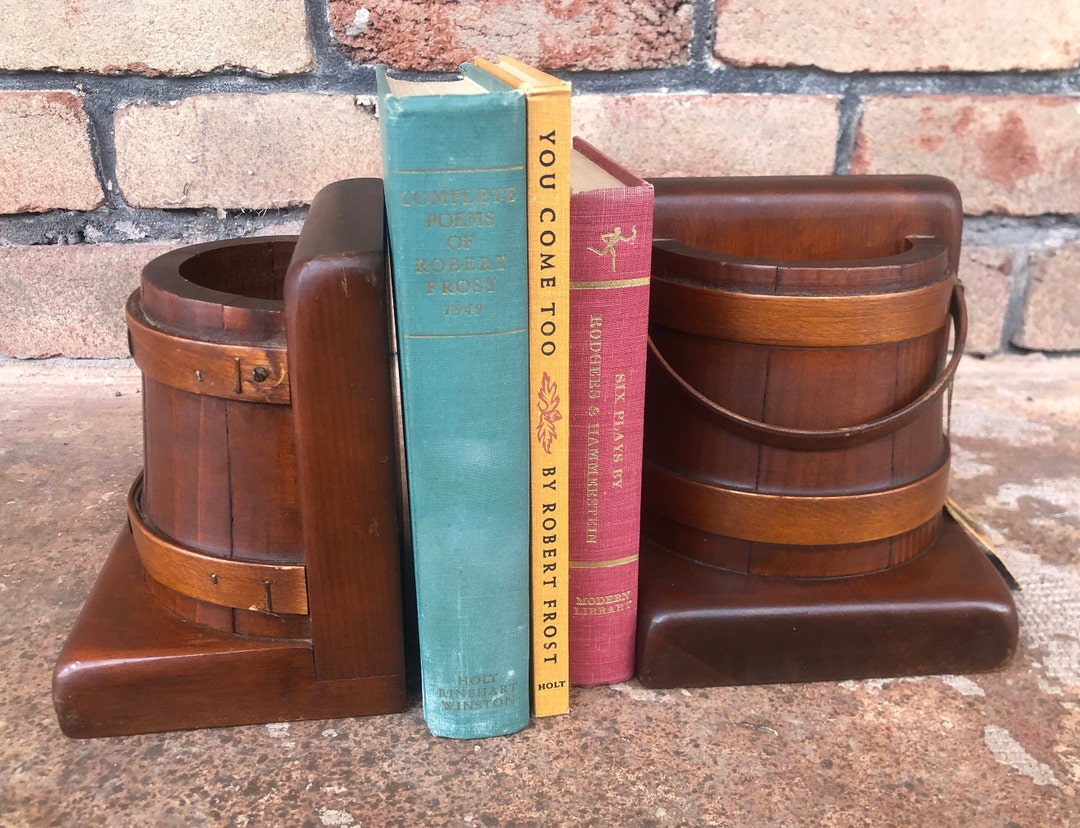 Vintage Wood Bucket Bookends, Ma Leck Woodcrafts, Firkin Bookends ...