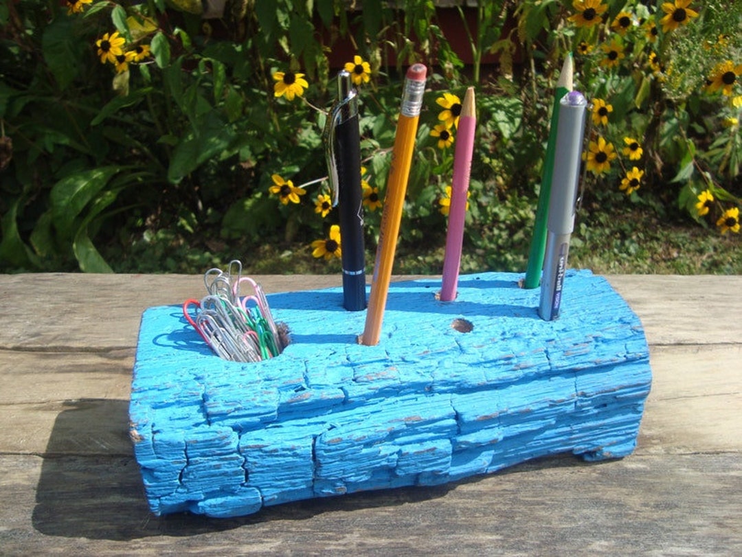 Rustic Wood Desk Organizer, Blue Desk Caddy, Pencil Holder, Farm House ...