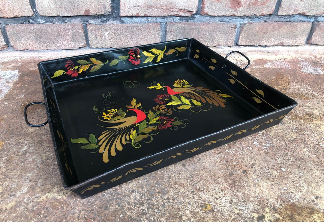 Vintage Hand Painted Tray, Decorative Black Square Tray, Distelfink Art ...