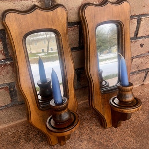 Vintage Wood Wall Candle Sconces, Mirrored Wood Wall Candleholders ...
