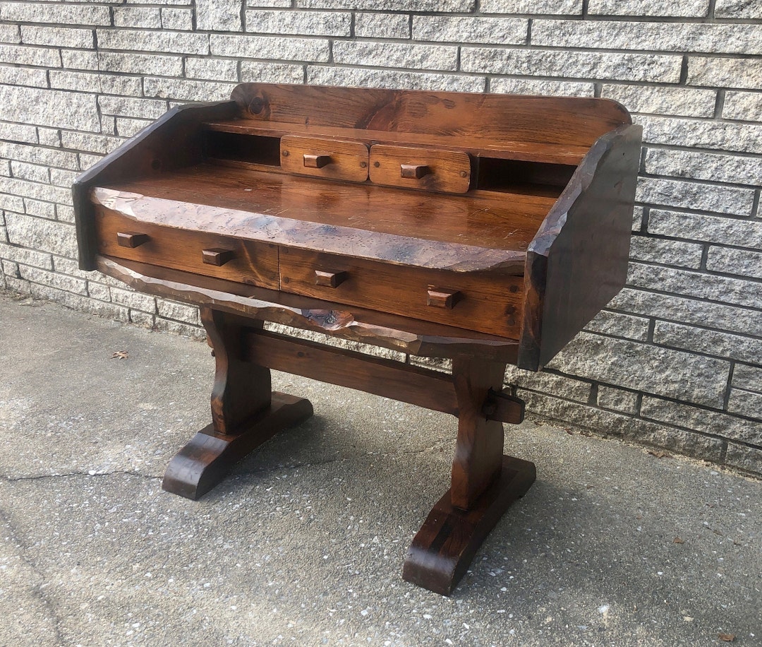 Large Wood Desk With Trestle Base, Vintage Pine Desk With Chair ...