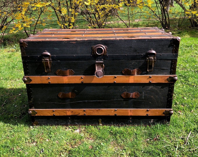 Vintage Black Trunk, Wood Trunk, Farm House Trunk, Foot Locker, Storage ...