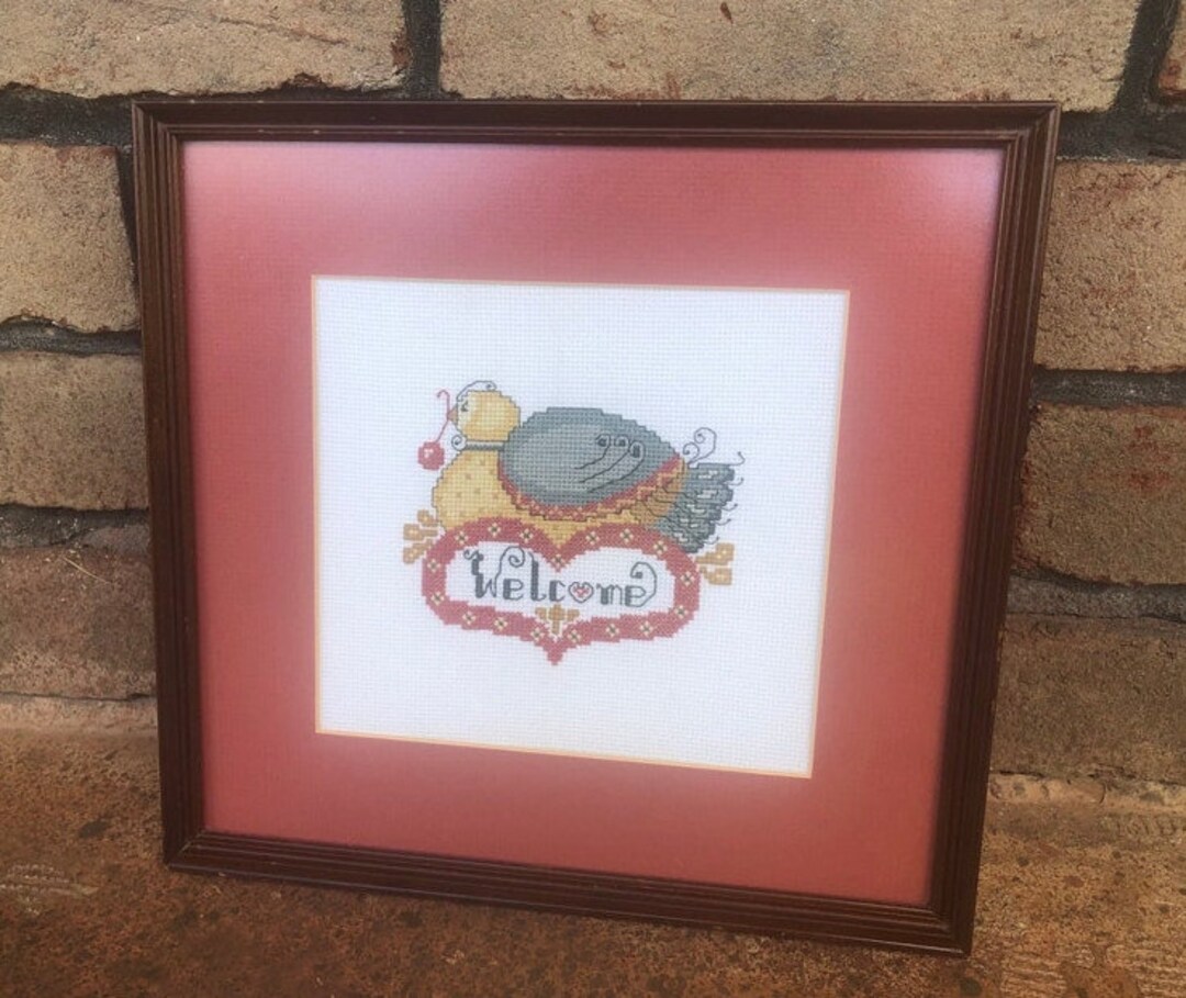 Vintage Needlepoint Welcome Art, Framed Cross Stitch Artwork, Partridge ...