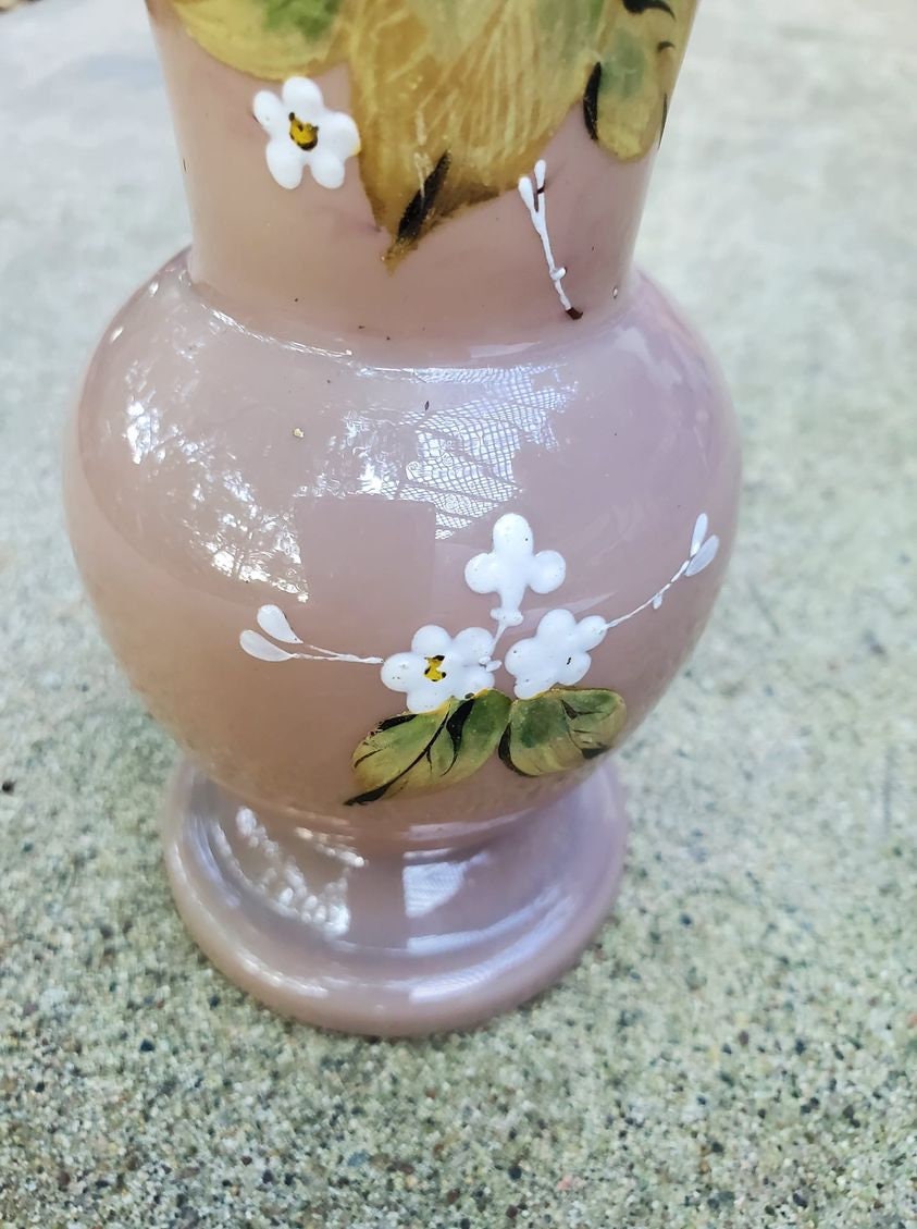 Bristol Glass Fireglow Clam Broth Vase Enameled Floral and Leaf Motif ...