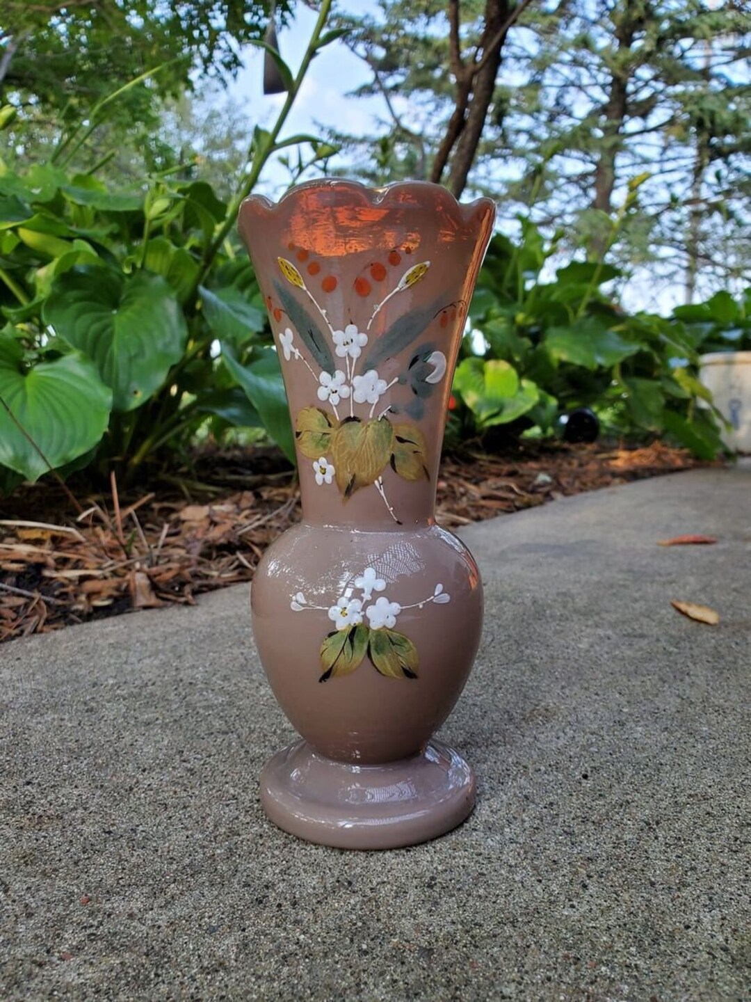 Bristol Glass Fireglow Clam Broth Vase Enameled Floral and Leaf Motif ...
