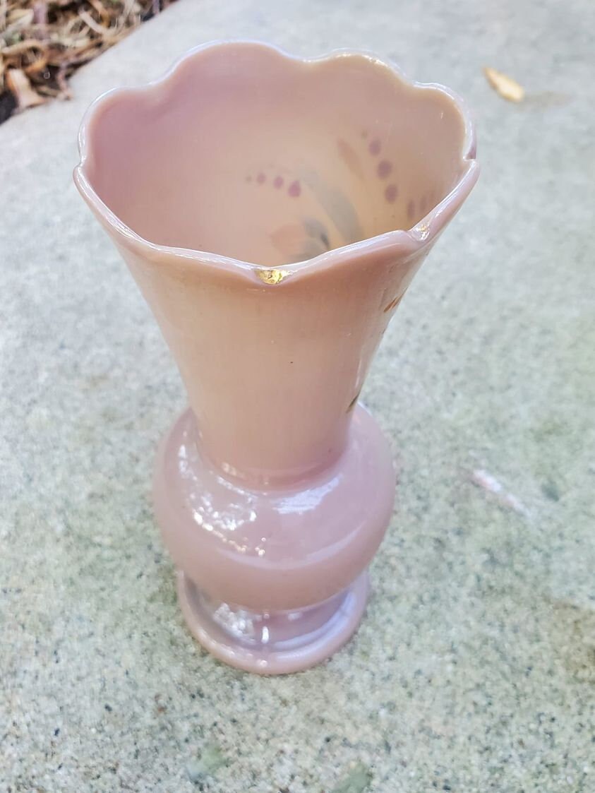 Bristol Glass Fireglow Clam Broth Vase Enameled Floral and Leaf Motif ...