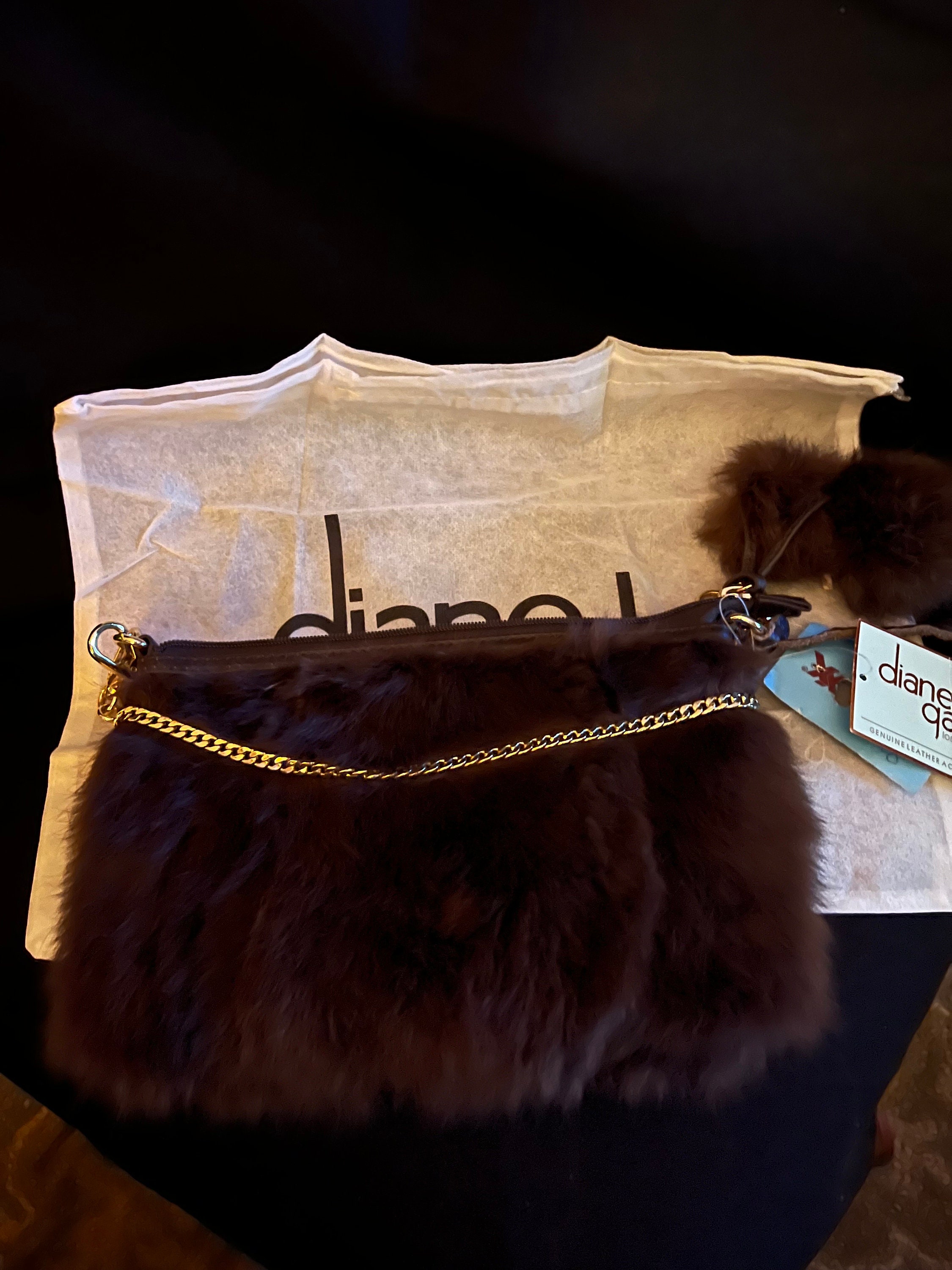 DIANE GAIL Brown Rabbit Fur Y2K Leather Trim Purse W/chain Purse ...
