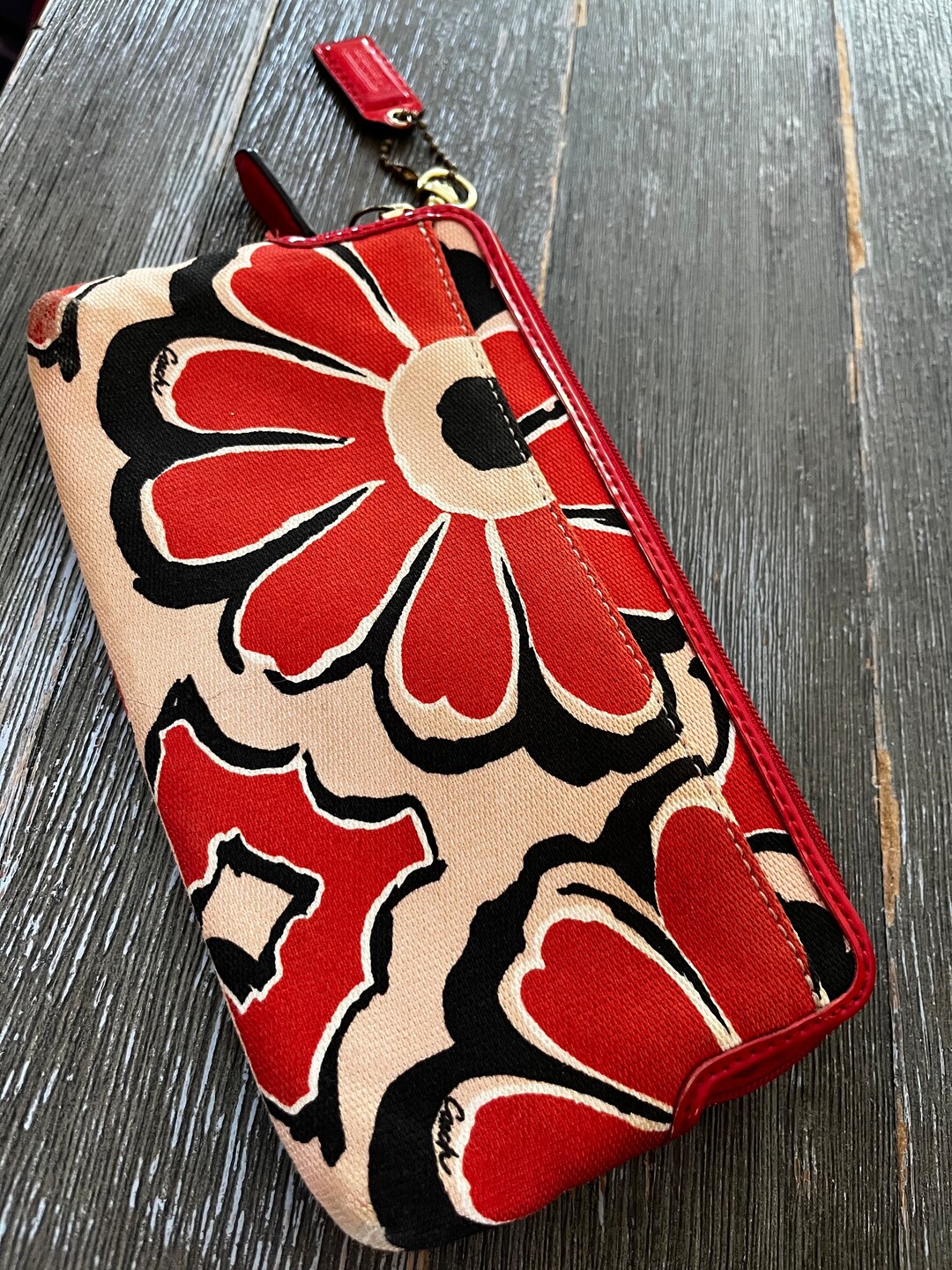 COACH Signature Orange Canvas Zip Wallet With 2 Zippers/10 Inside Slits ...