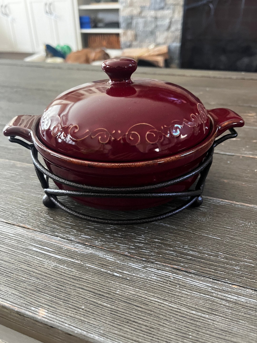 Tastefully Simple Crock/dip Server W/ Lid and Black Metal Stand - Etsy