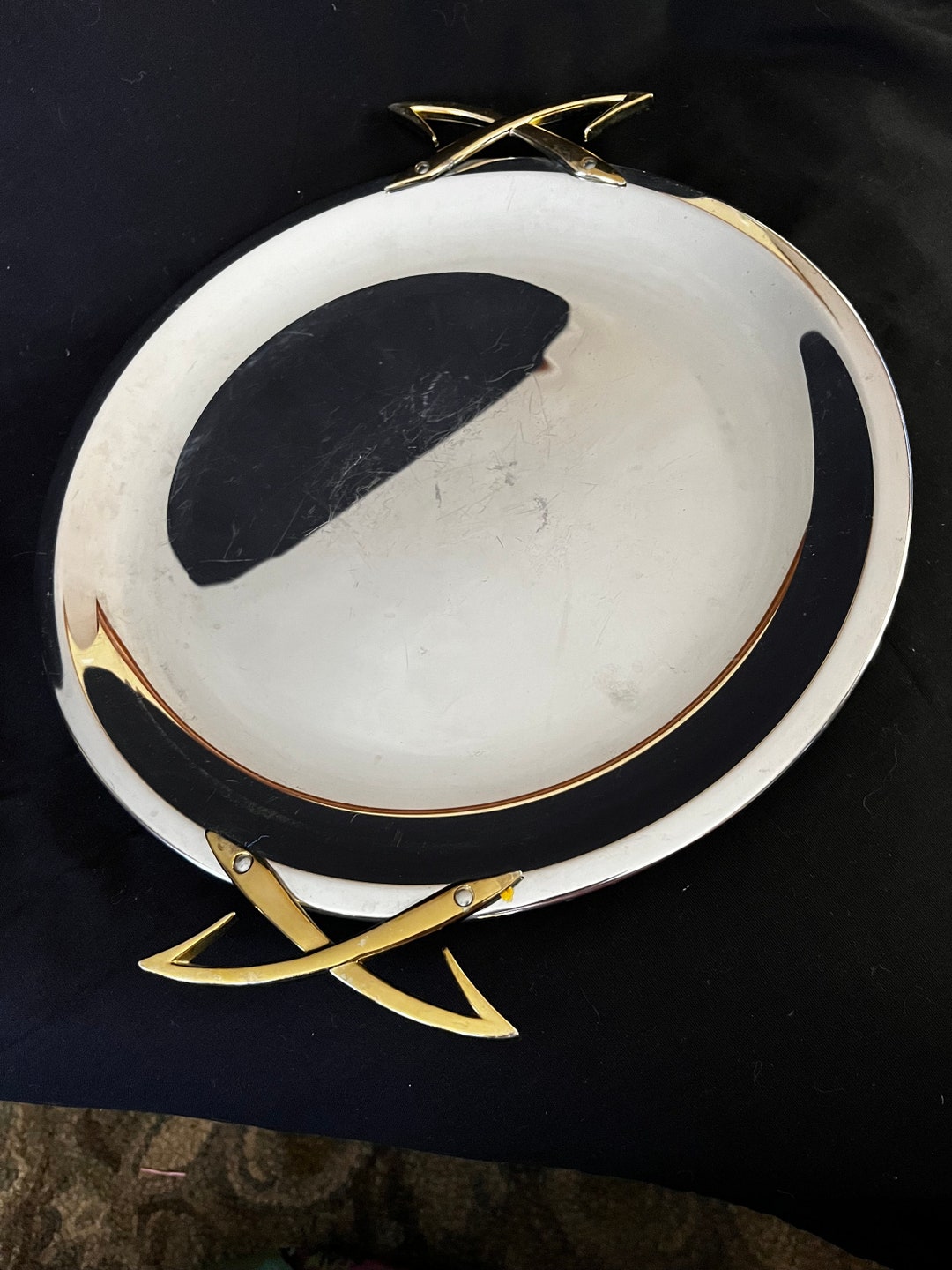 Kromex Vintage 13 1/2 Silver Plate/platter W/gold “X” Crisscross ...