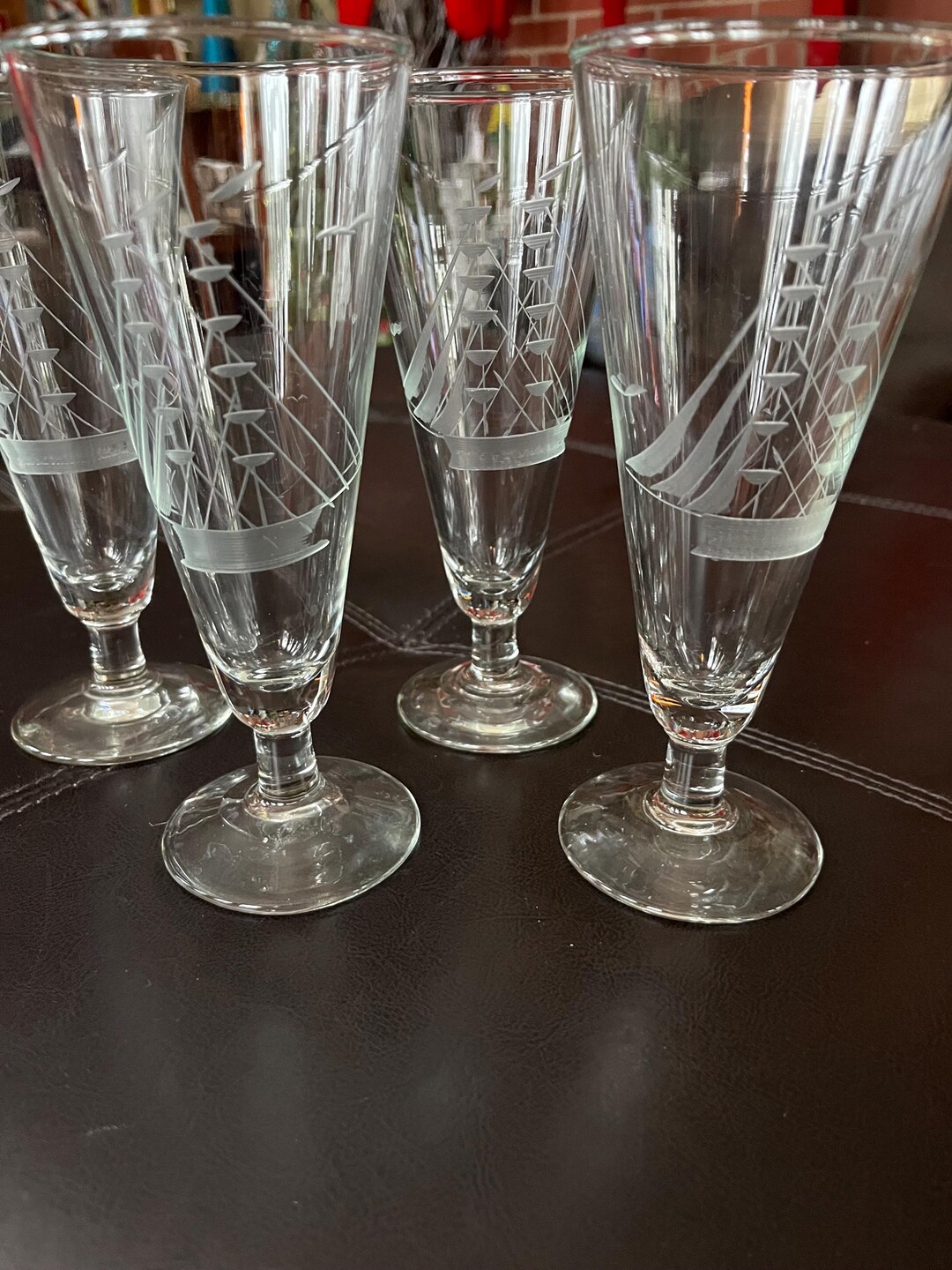 Javit Crystal-etched Clipper Ships-set of 4 Pilsner Glasses 7.5" Tall ...