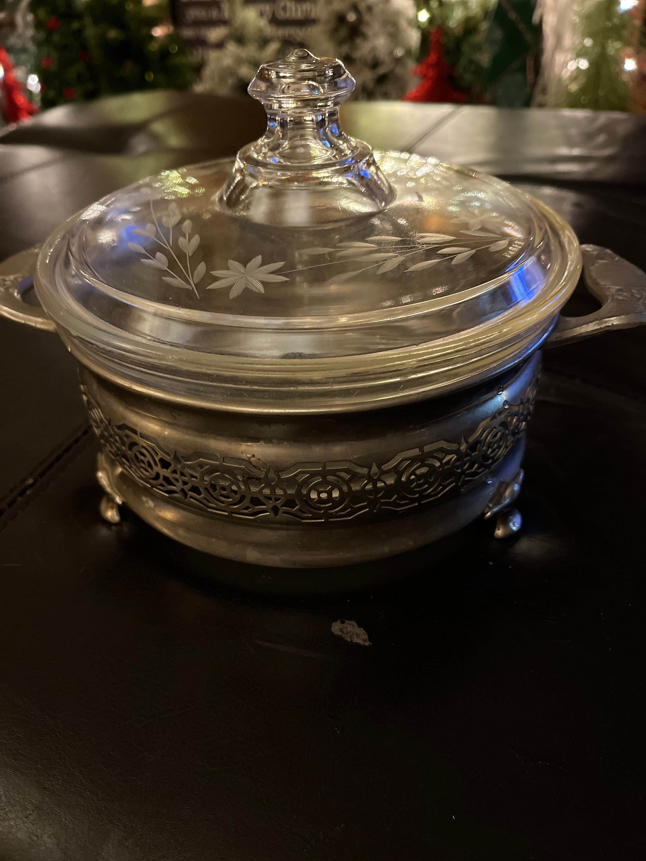 Vintage 1920s Pyrex Glass Casserole Bowl W/etched Cover & Silver Holder ...